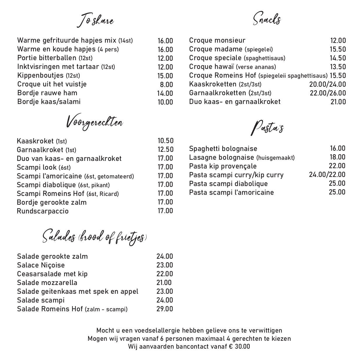 Menukaart | Brasserie Romeins Hof